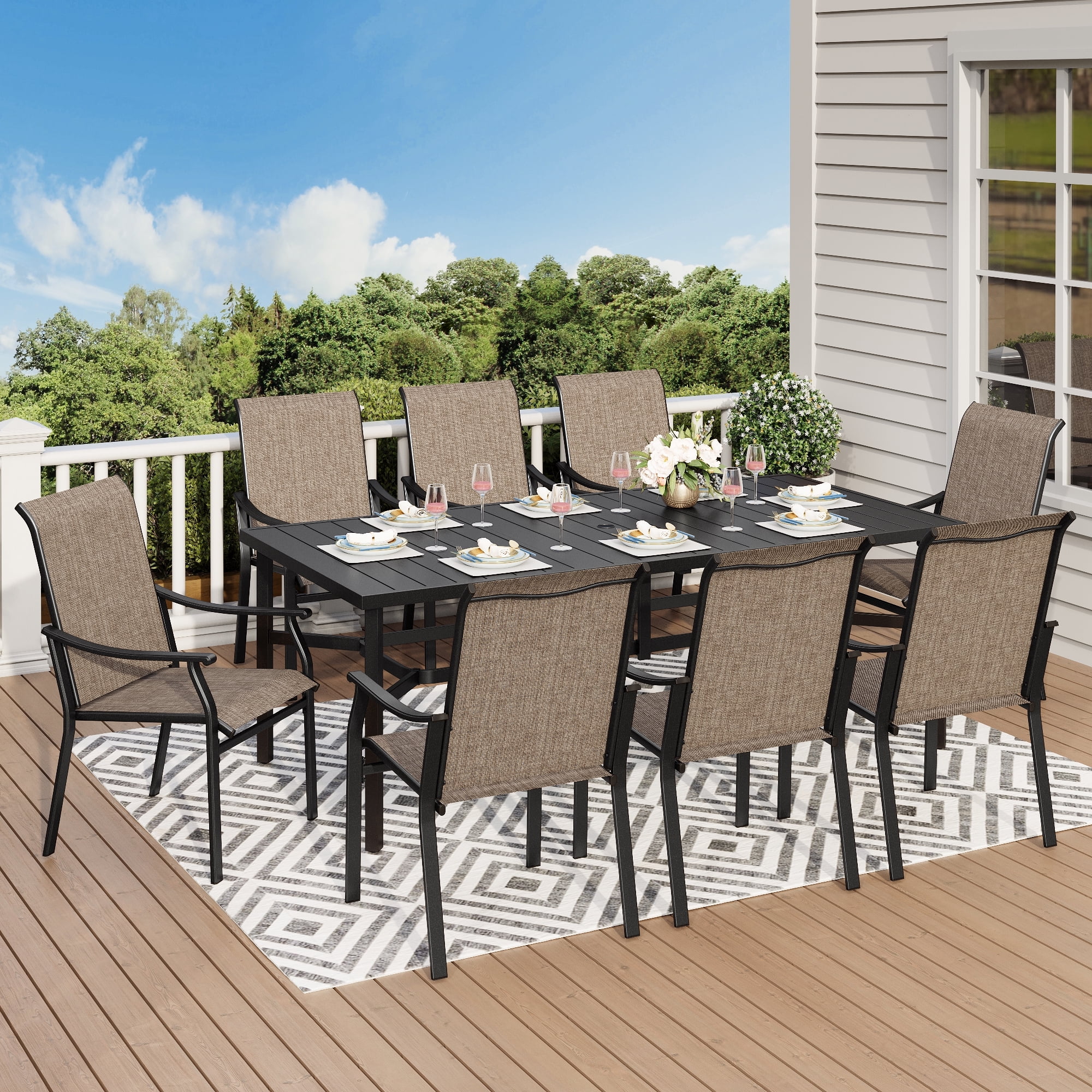 9-Piece Outdoor Patio Dining Set with High-Back Sling Chairs & 83 ...