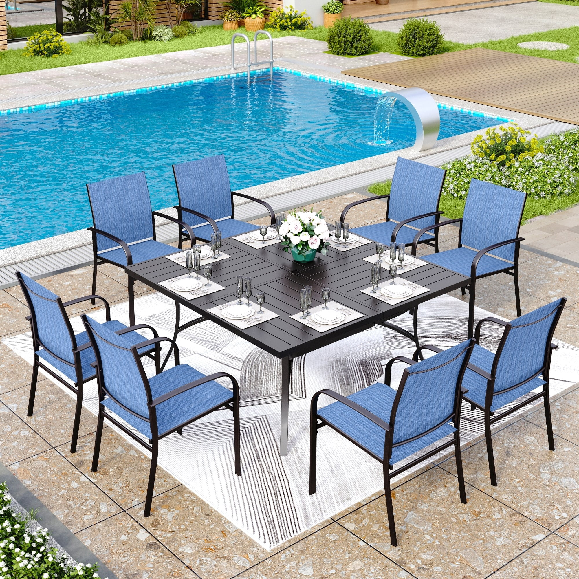 MAISON ARTS 9-Piece Patio Dining Set, 60 Inch Square Metal Table and 8 ...