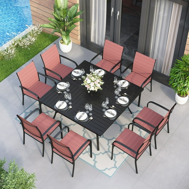 9-Piece Patio Dining Set, 60 Inch Square Metal Table and 8 Textilene Dining Chairs Orange-red ...
