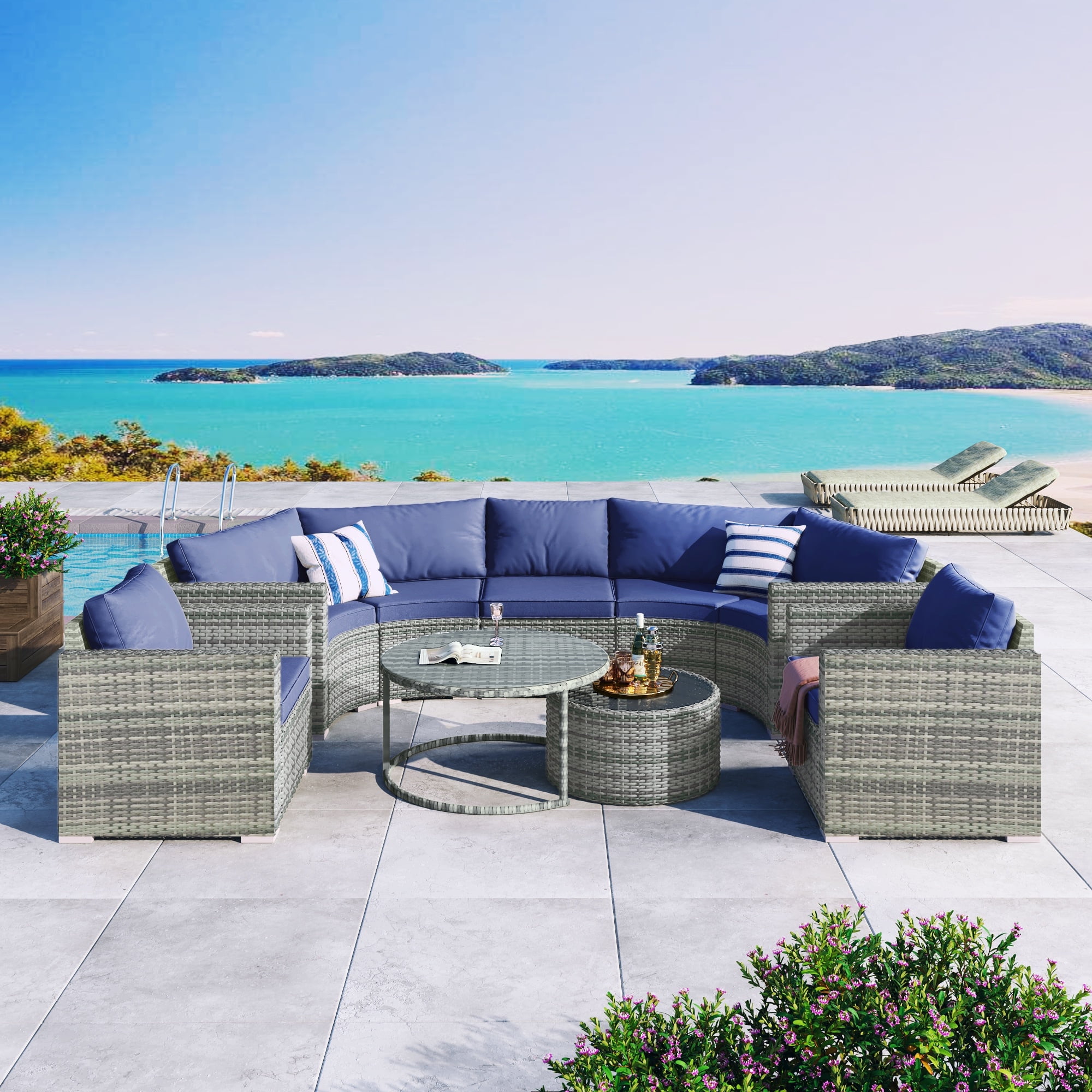 9 Piece Patio Furniture Set, Half-Moon Sectional Furniture Sofa Set ...