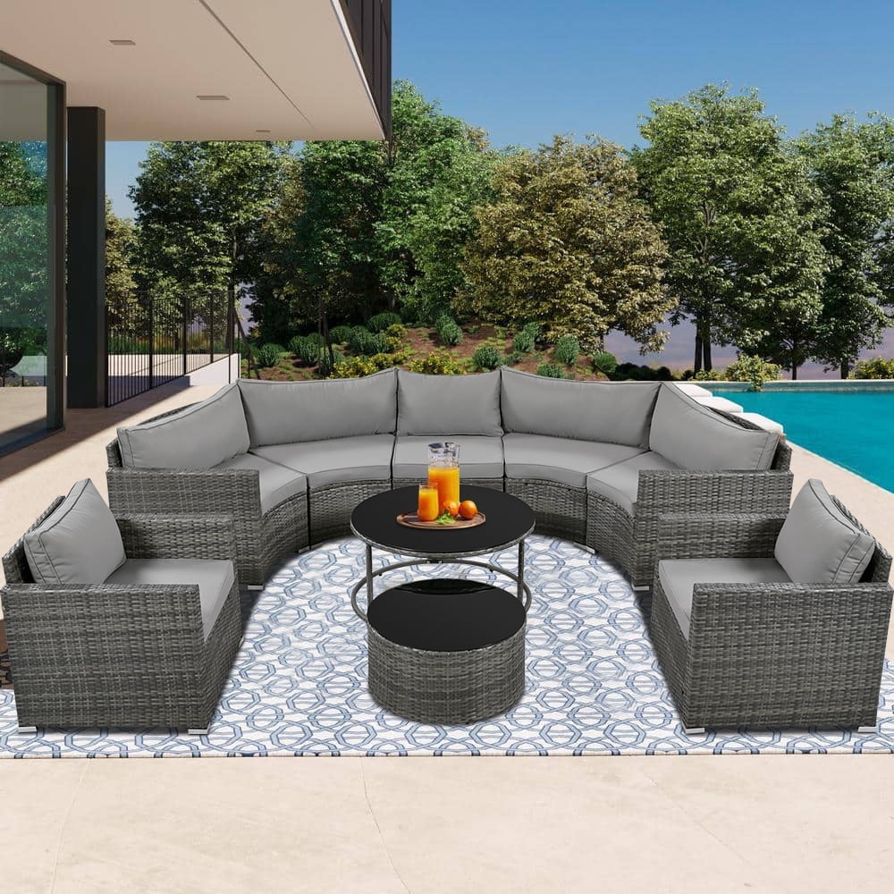 SYNGAR 9 Piece Outdoor Half-Moon Sectional Sofa Set, PE Rattan for ...