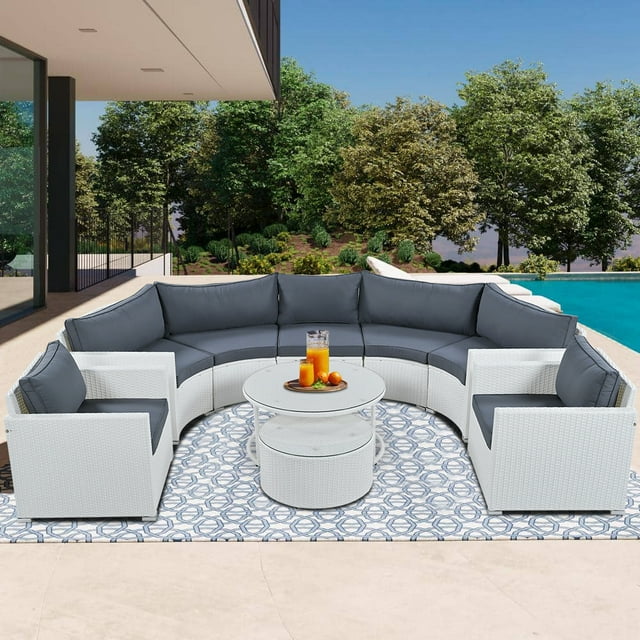 9 Piece Patio Furniture Set, Half-Moon Sectional Furniture Sofa Set ...