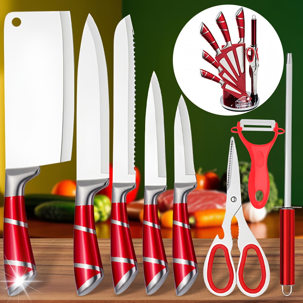 9-Piece Pink Kitchen Knives Set with Acrylic Stand - Pro Chef/Bread ...