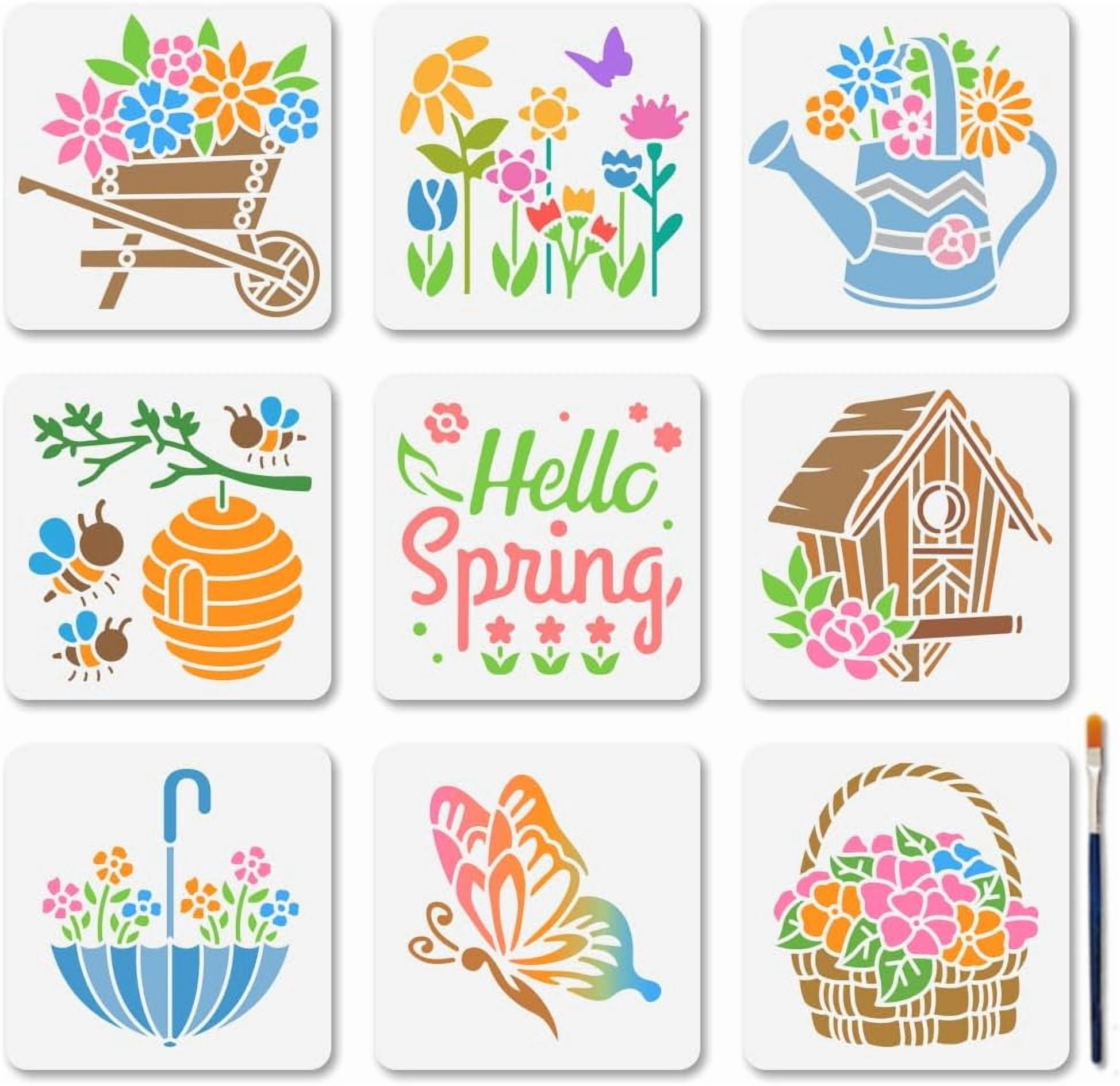 9-Piece Spring Nature Stencil Set - Flowers Birds Bee Butterfly ...