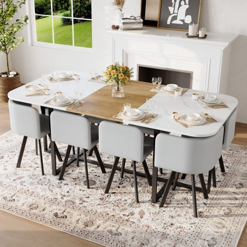 9-Piece Square Dining Table Set, Modern White Faux Marble and Wood ...