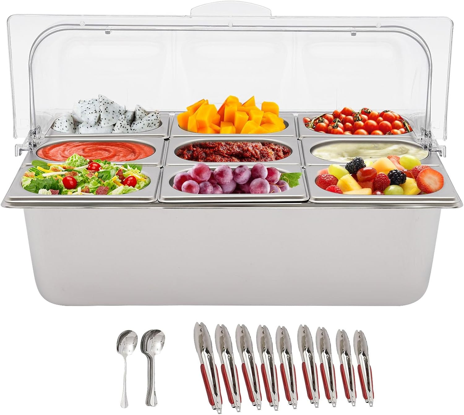 9 Piece Stainless Steel Condiment Serving Container Ice Cooled with Lid ...