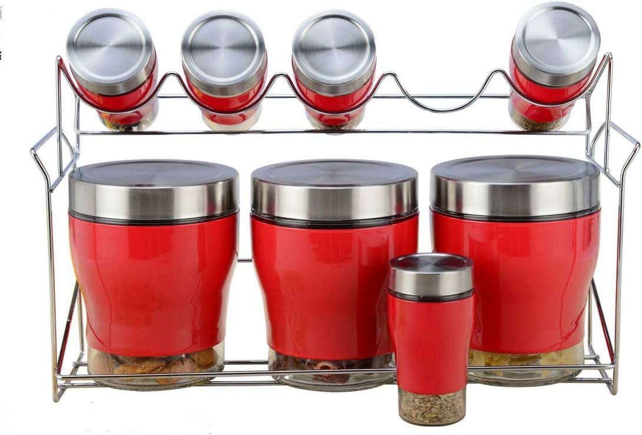 9 Piece Stainless Steel Red Color And Glass Kitchen Counter Storage and ...