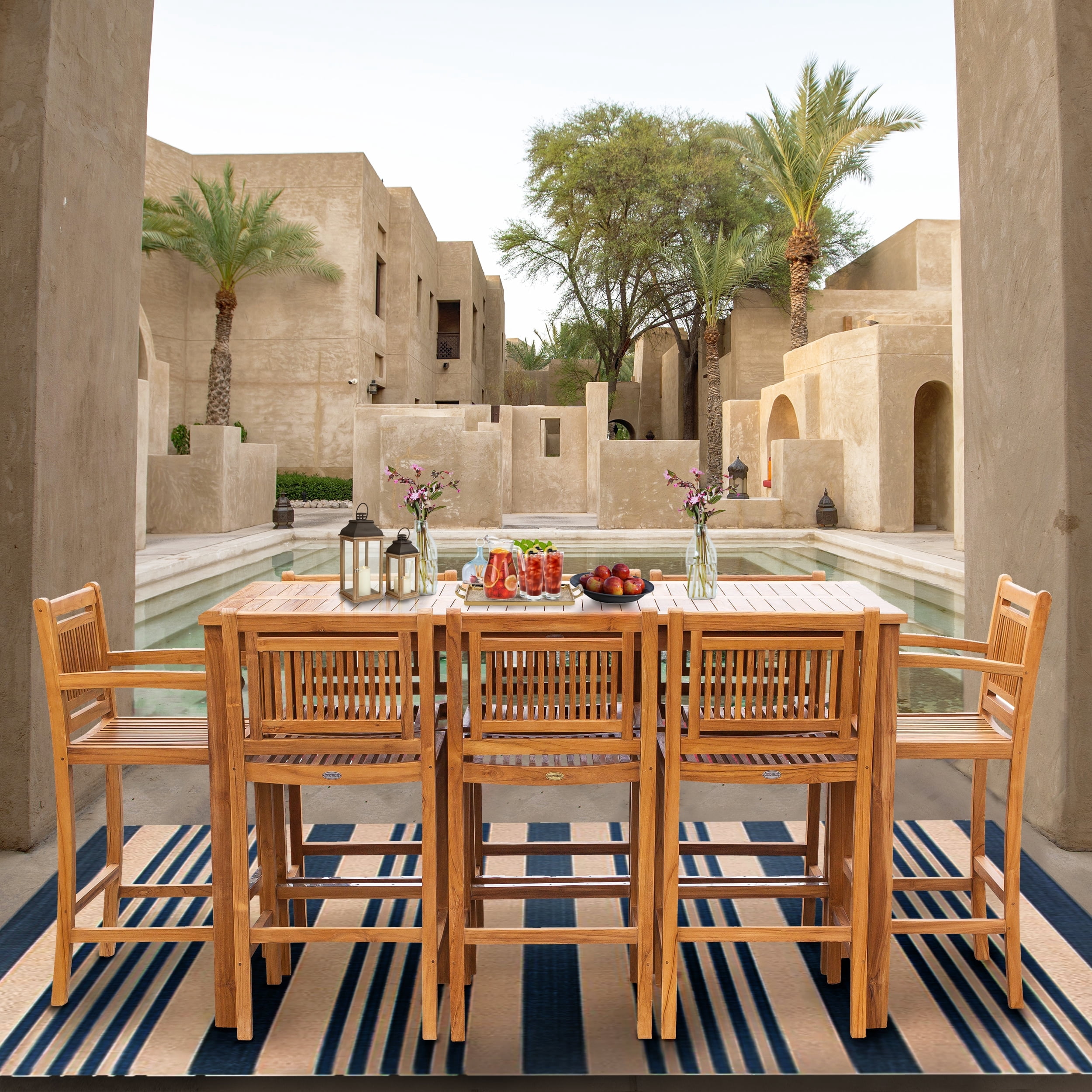 9 Piece Teak Wood Maldives Outdoor Patio Bistro Bar Set, 71" Bar Table ...