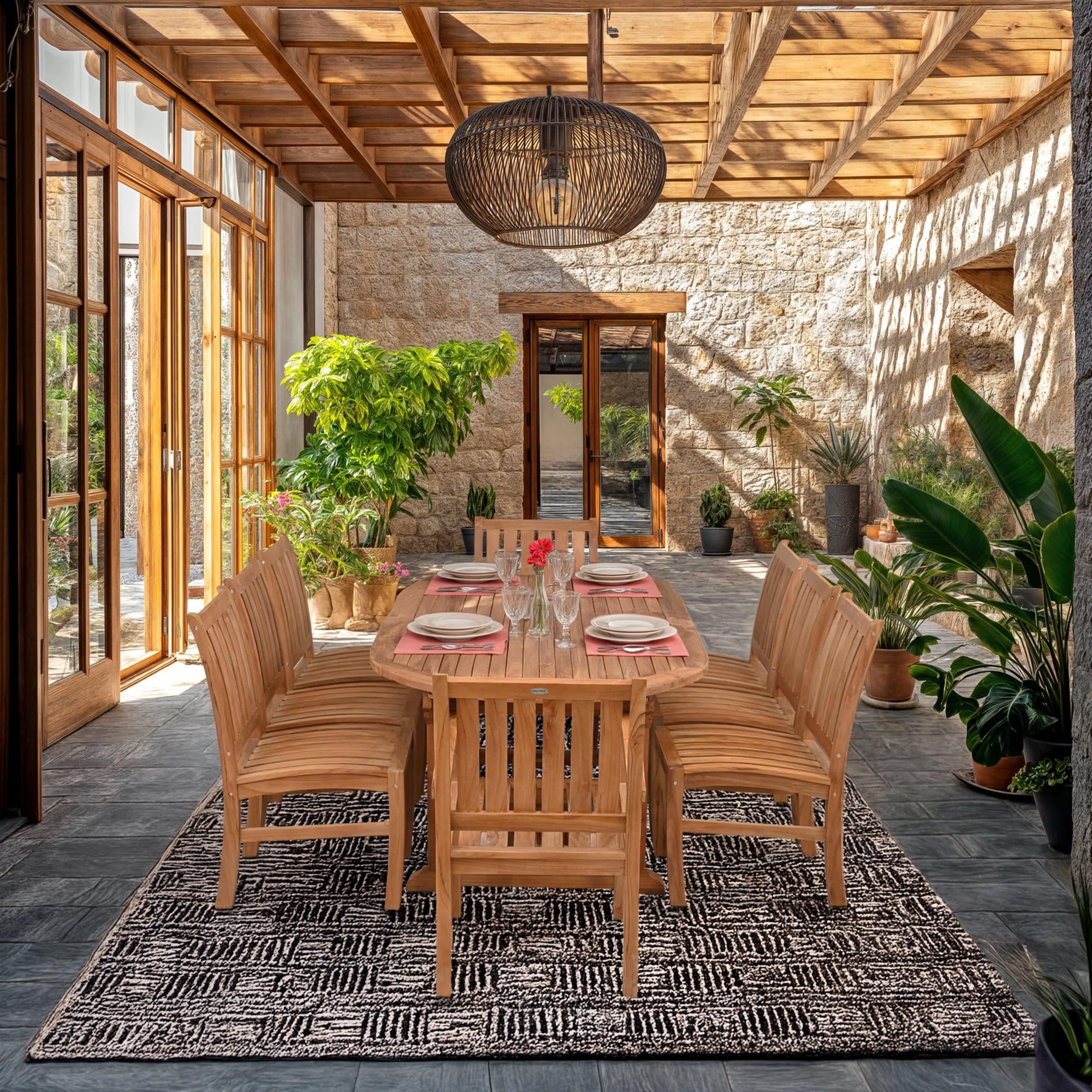 9 Piece Teak Wood Outdoor Patio Dining Set including Oval Extension ...