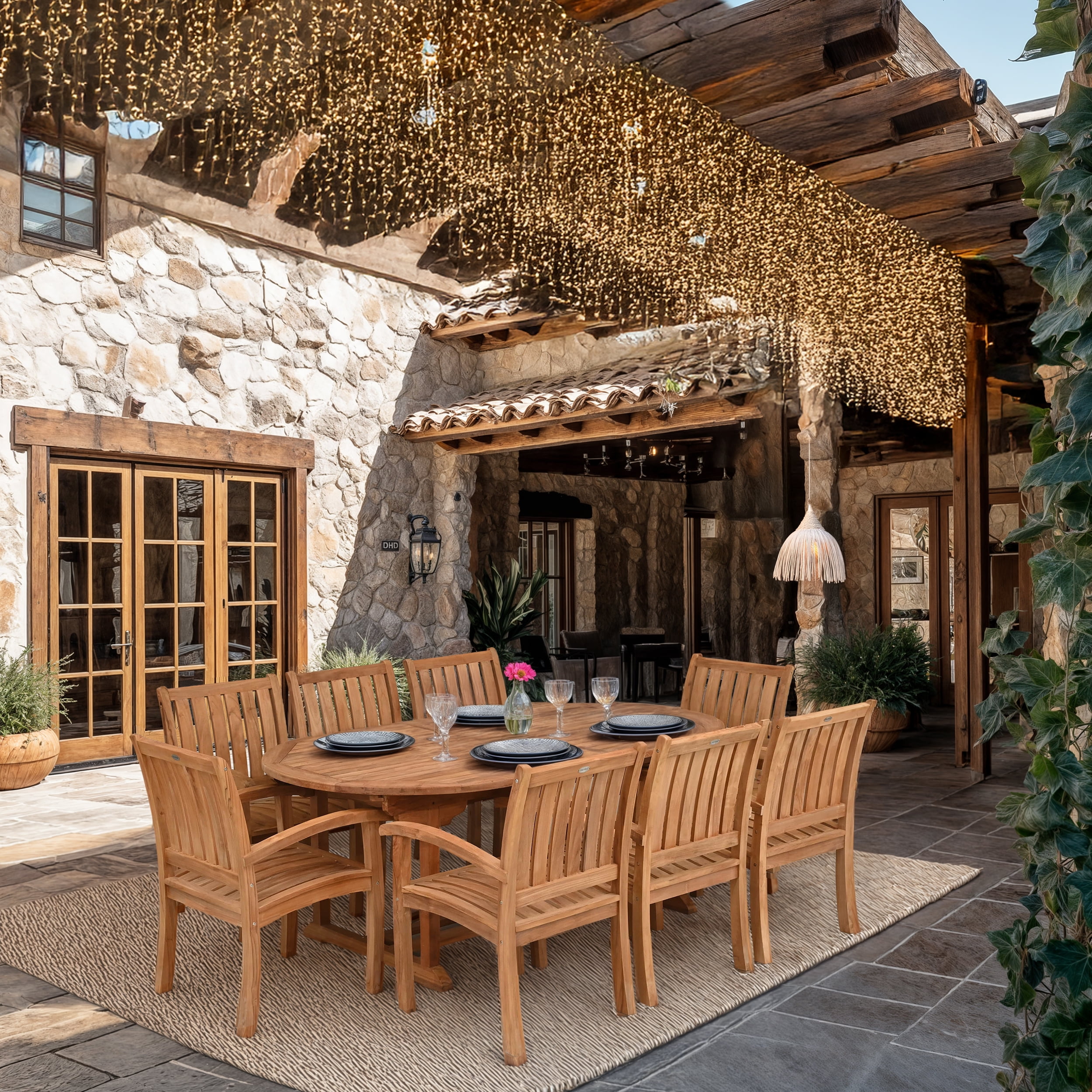 9 Piece Teak Wood Outdoor Patio Dining Set including Oval Extension ...