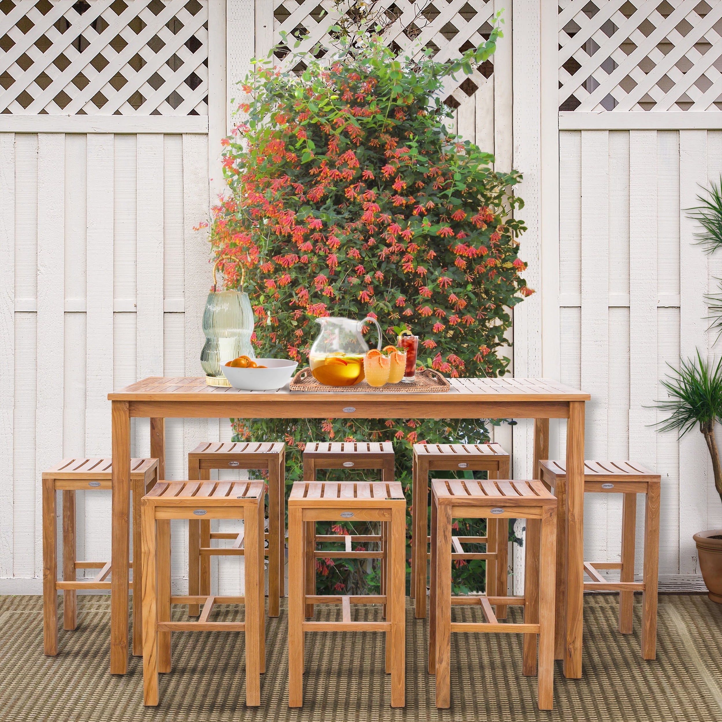 9 Piece Teak Wood Santa Monica Outdoor Patio Bistro Bar Set, 71" Bar ...