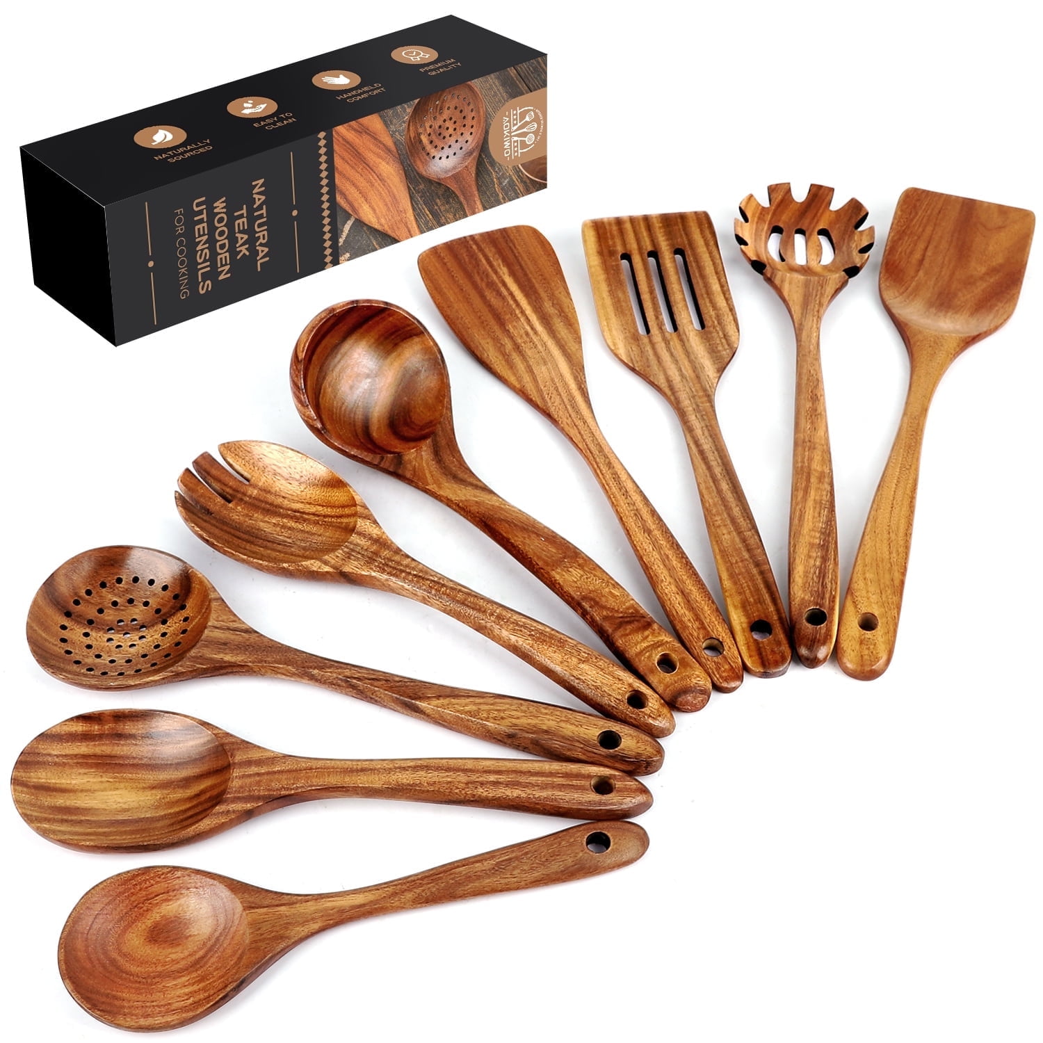 AOKIWO Wooden Utensils Spoon Set for Cooking 9 Pcs Natural Teak Wood ...