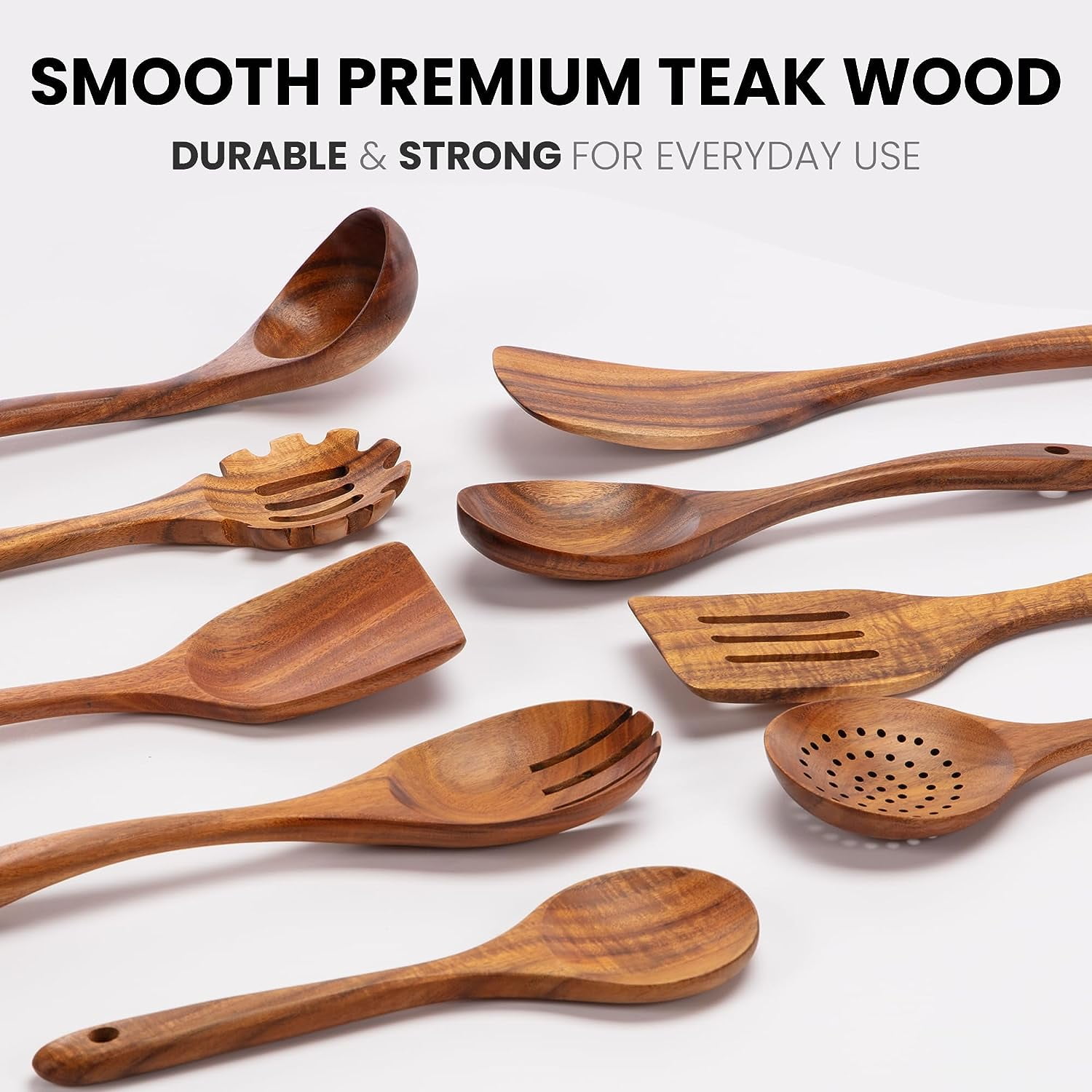 9-Piece Teak Wooden Utensils for Cooking - Smooth Finish Natural Teak ...
