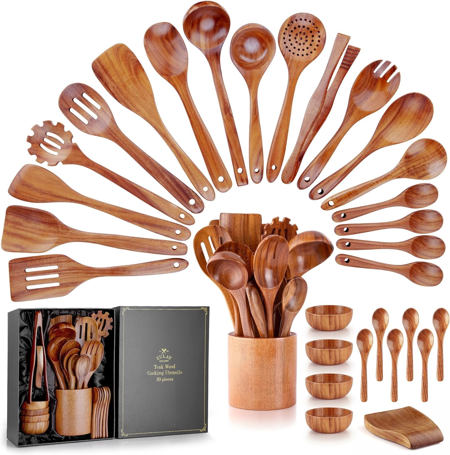 9-Piece Teak Wooden Utensils for Cooking - Smooth Finish Natural Teak ...