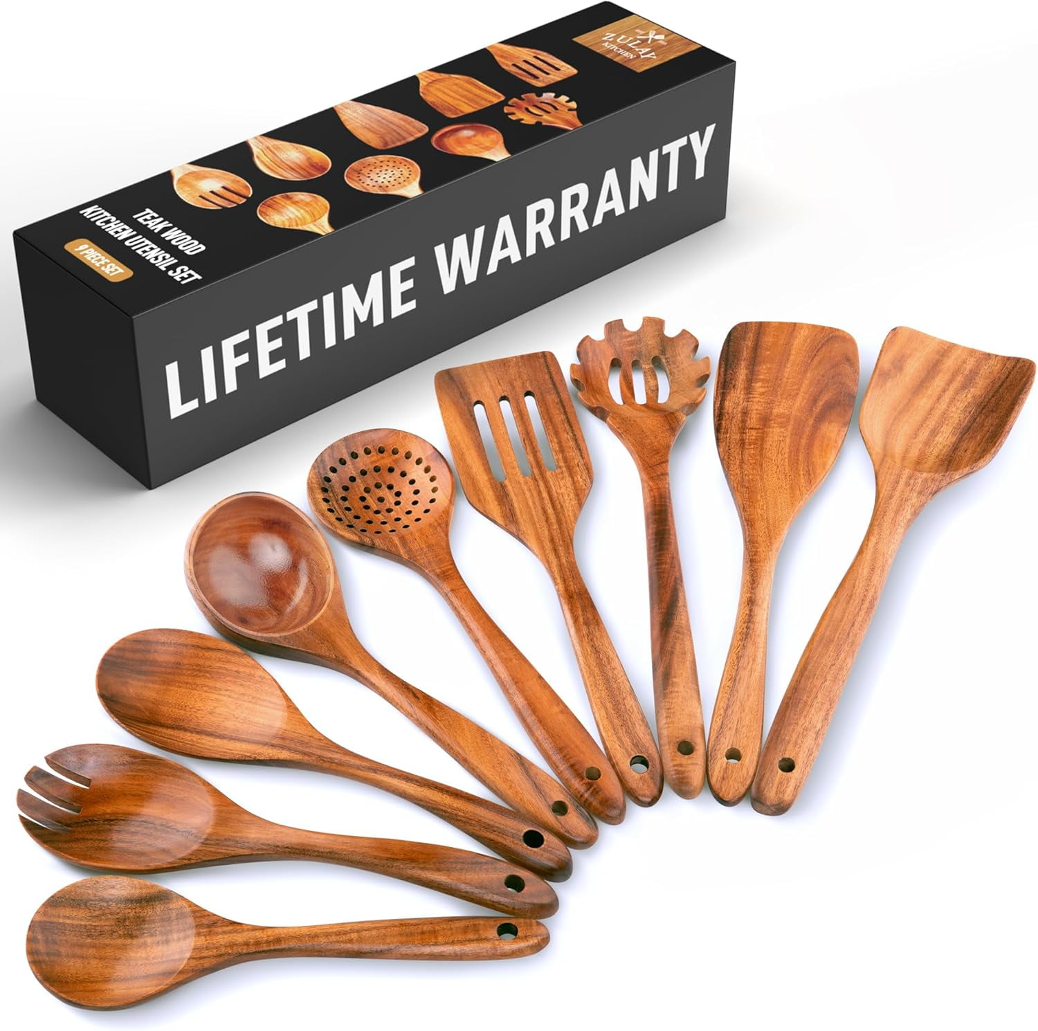 9-Piece Teak Wooden Utensils for Cooking - Smooth Finish Natural Teak ...