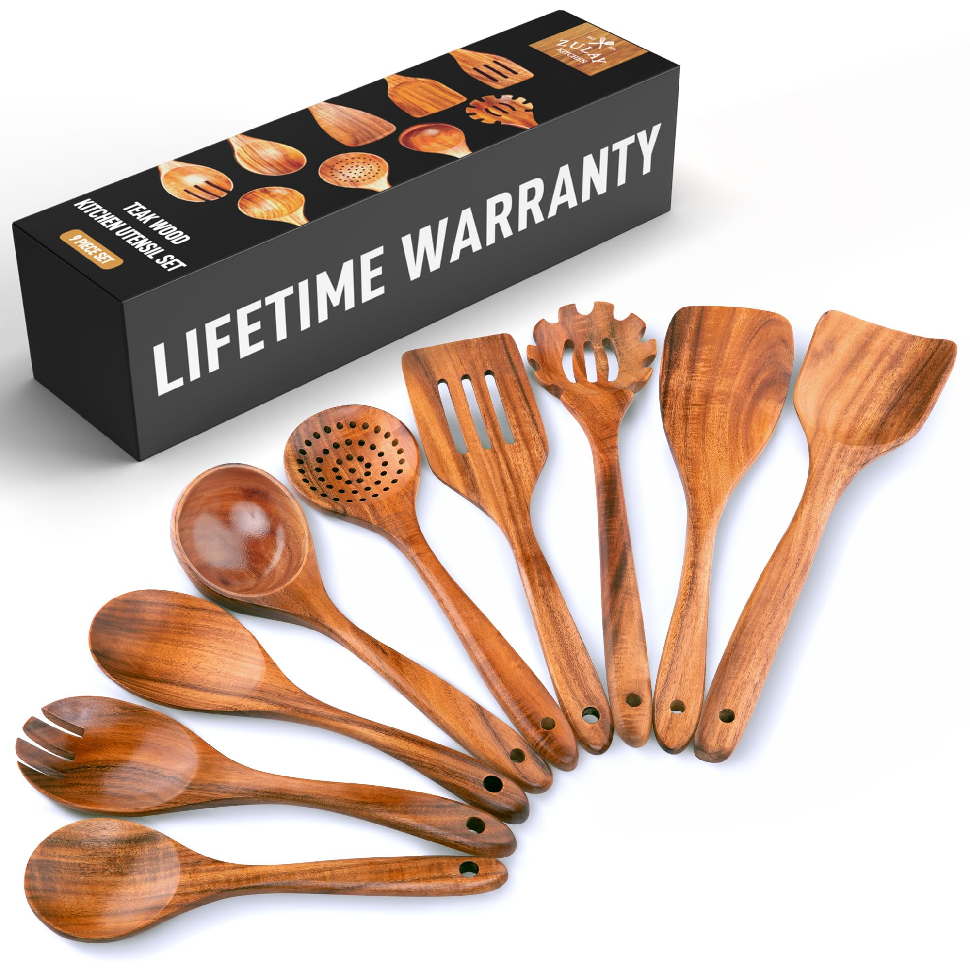 9-Piece Teak Wooden Utensils for Cooking - Smooth Finish Natural Teak ...