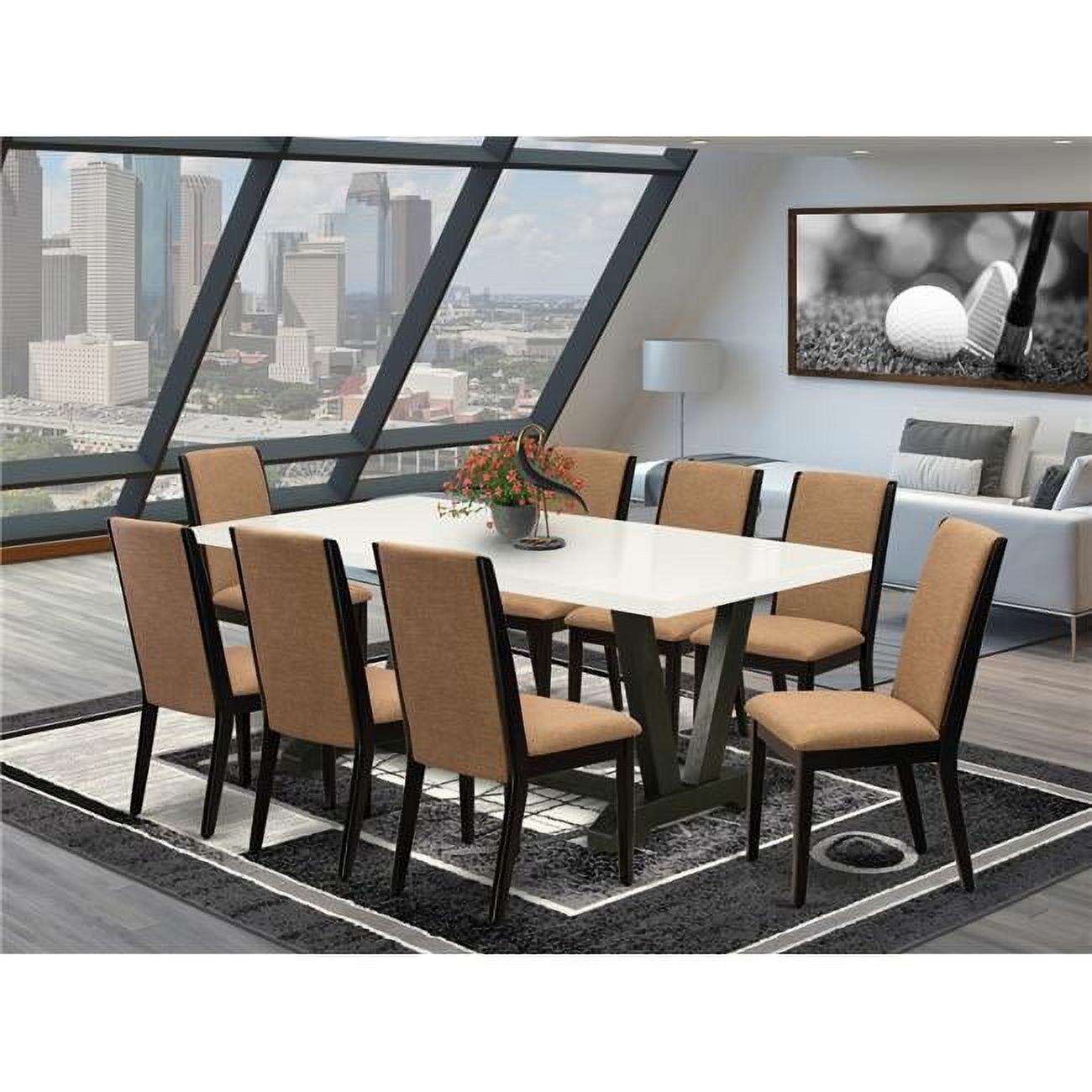 9 Piece V-Style Amazing Dinette Set - Light Sable, Linen White & Wire ...