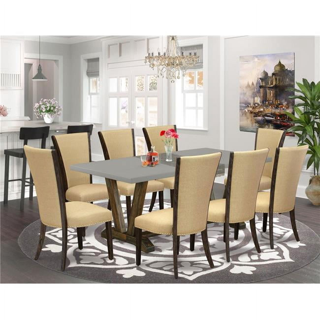 9 Piece V-Style Dinette Set - Distressed Jacobean, Cement & Brown ...