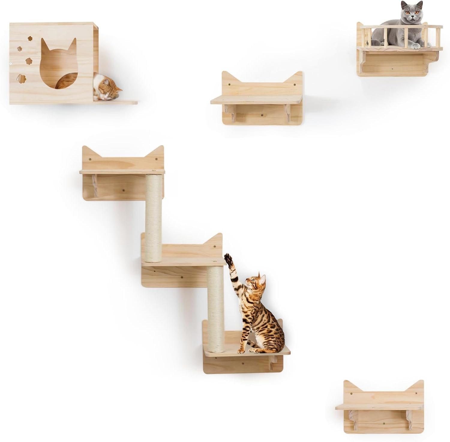 9-Piece Wall-Mounted Cat Shelves Set, Cat House, Lookout Tower, 2 Sisal ...