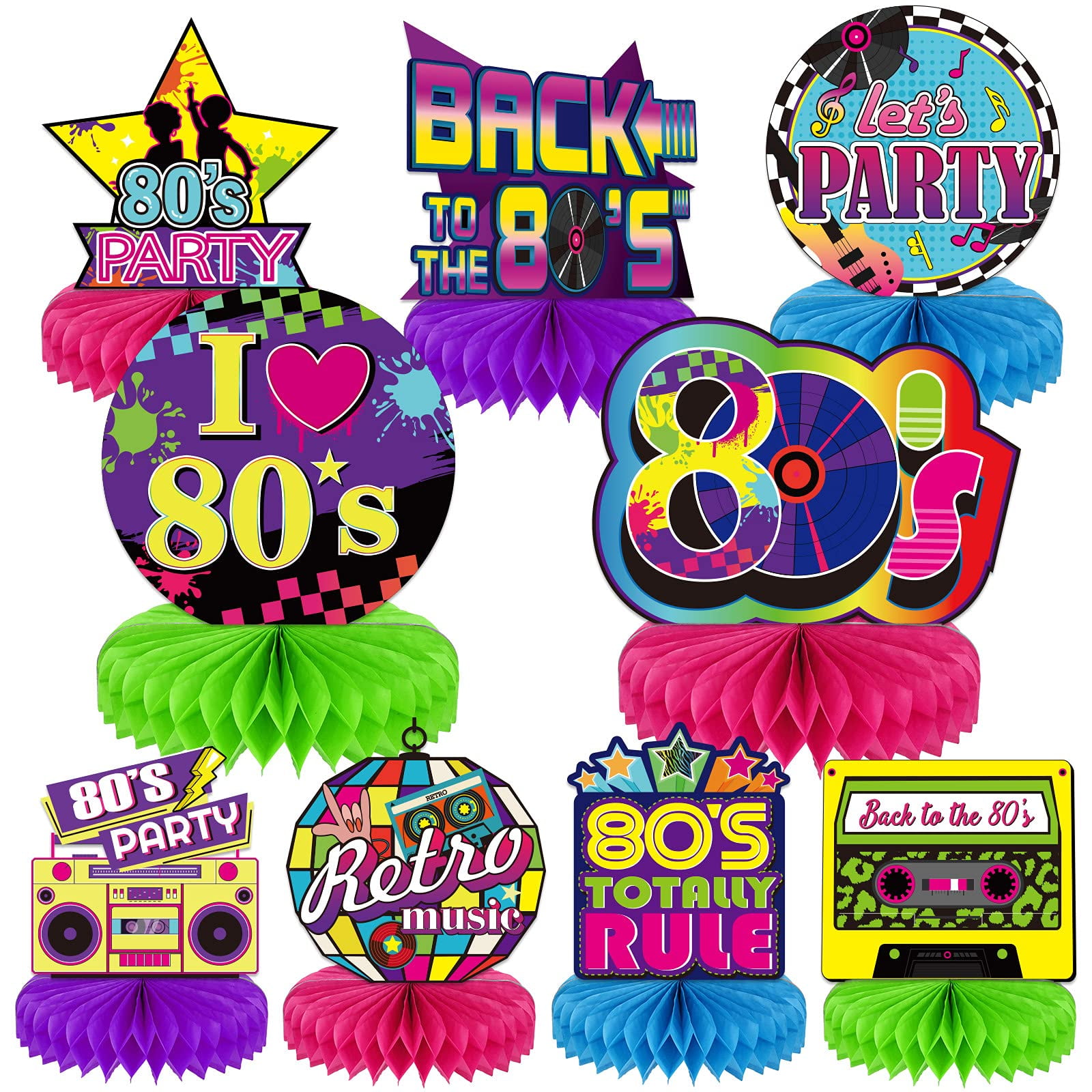 9 Pieces 80's Retro Party Supplies 1980 Party Honeycomb Centerpieces ...