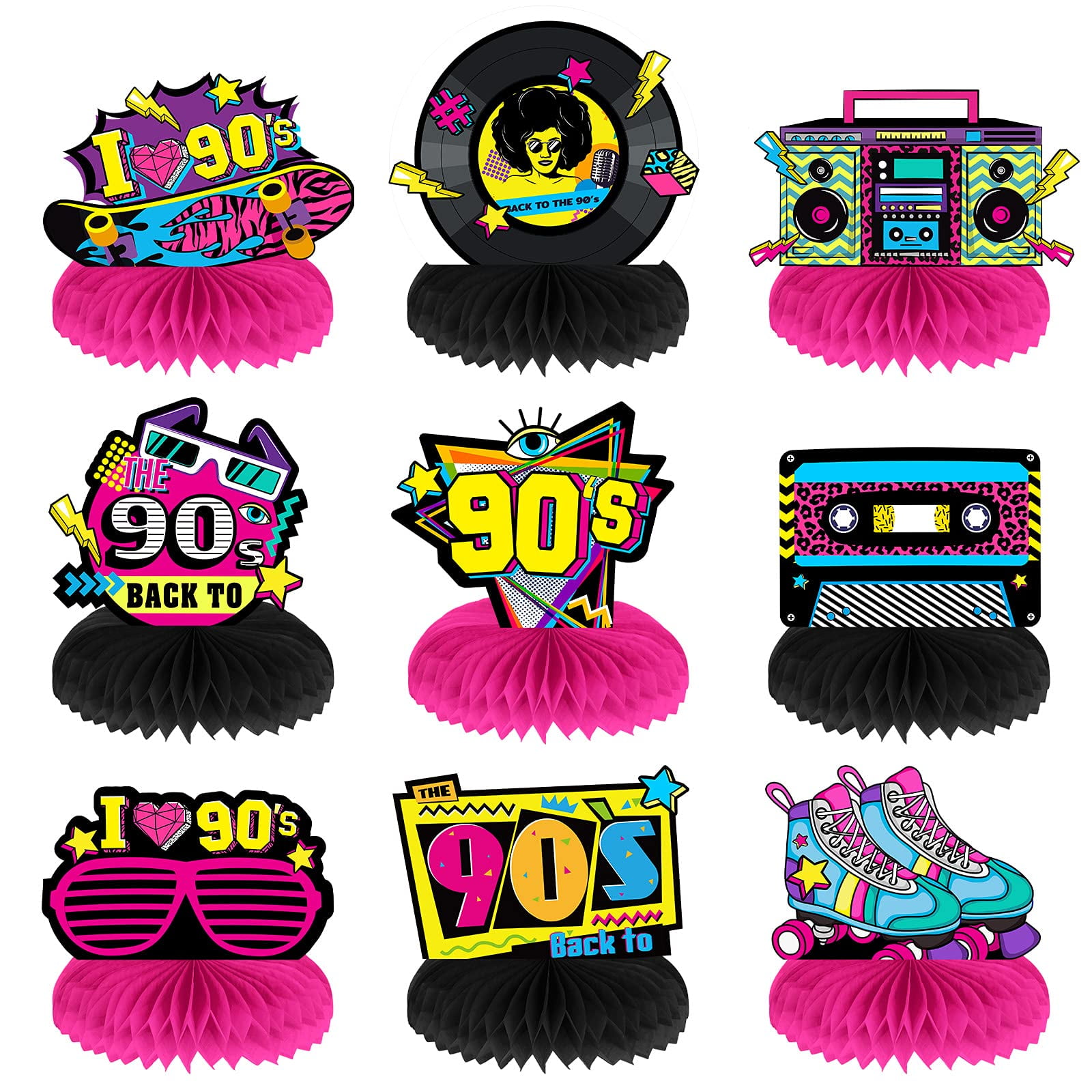 9 Pieces 90's Retro Party Supplies Kit H2FSD90's Retro Honeycomb ...