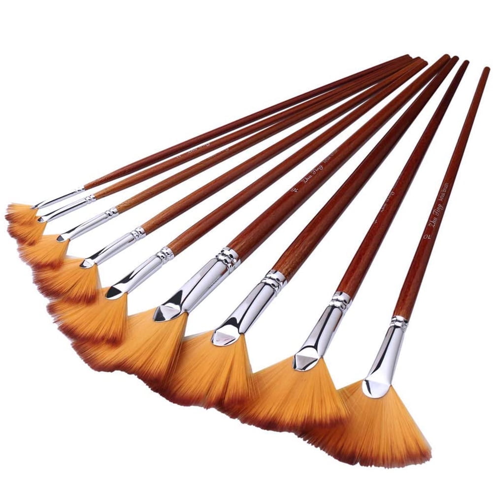 9 Pieces Artist Fan Brushes Set, Nylon Hair Wood Long Handle Paint ...