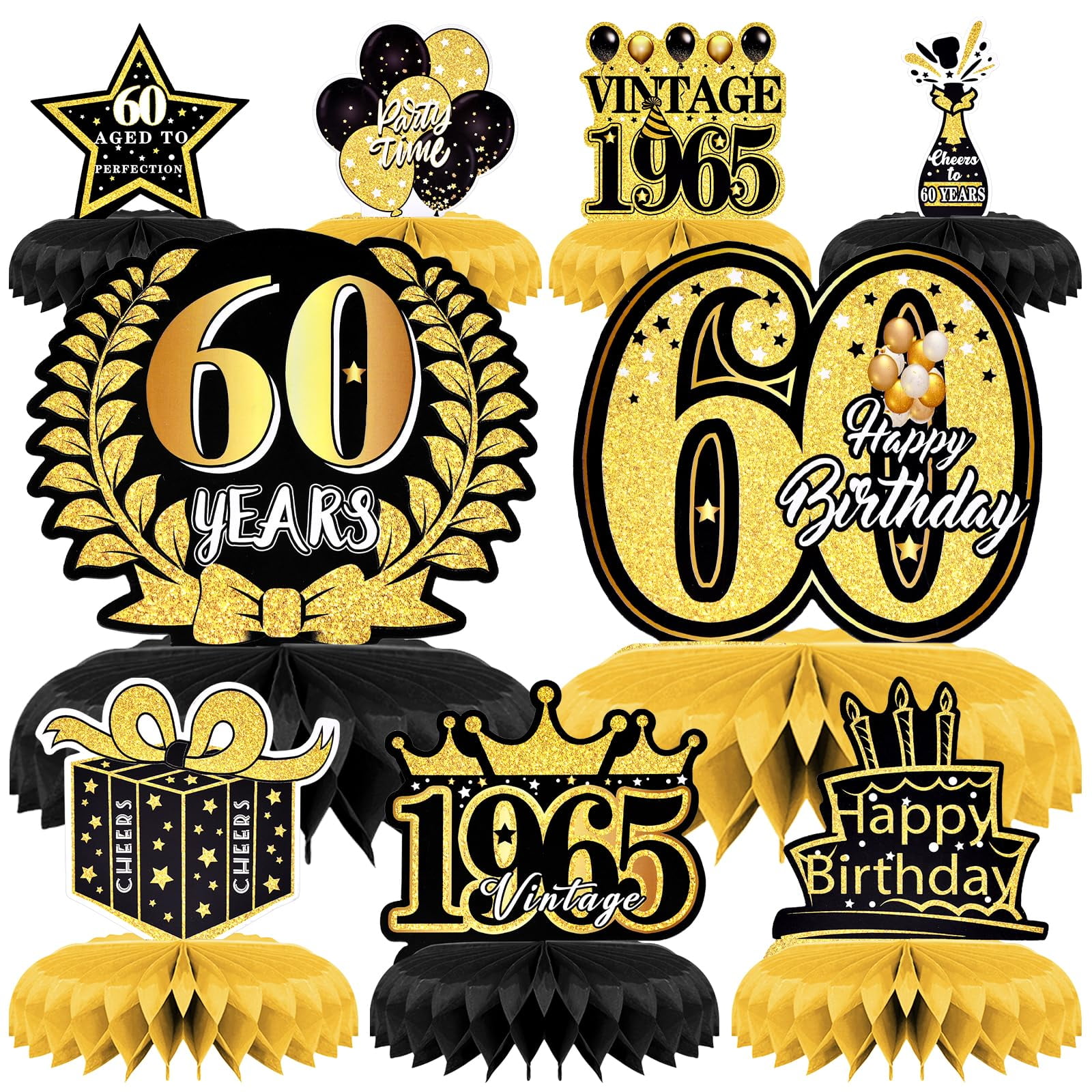 9 Pieces Black Gold SSF20 60th Birthday Honeycomb Centerpieces Table ...