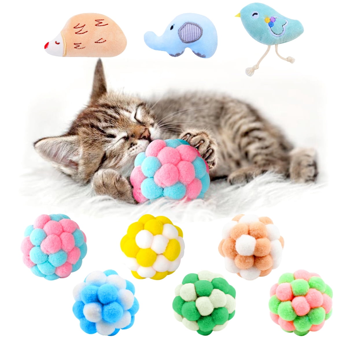 9 Pieces Cat Toys - Cat Toys Balls with Bells Soft Cat Pom Poms Balls ...
