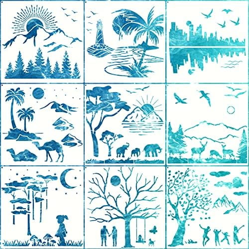 9 Pieces Forest Landscape Stencil Mountains Rivers Stencils with Metal ...