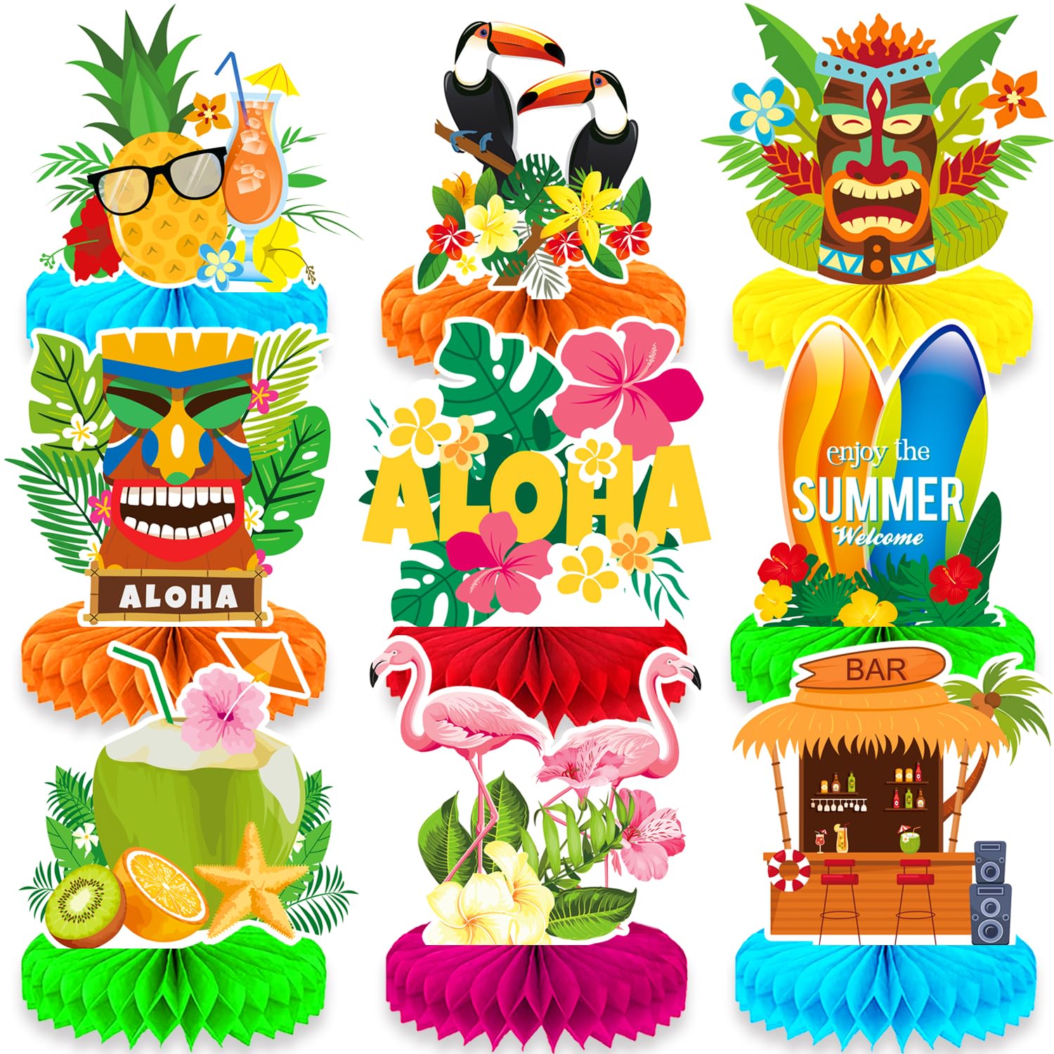 9 Pieces HawaiianTRDN Luau Honeycomb Centerpieces Table Decor, Tropical ...