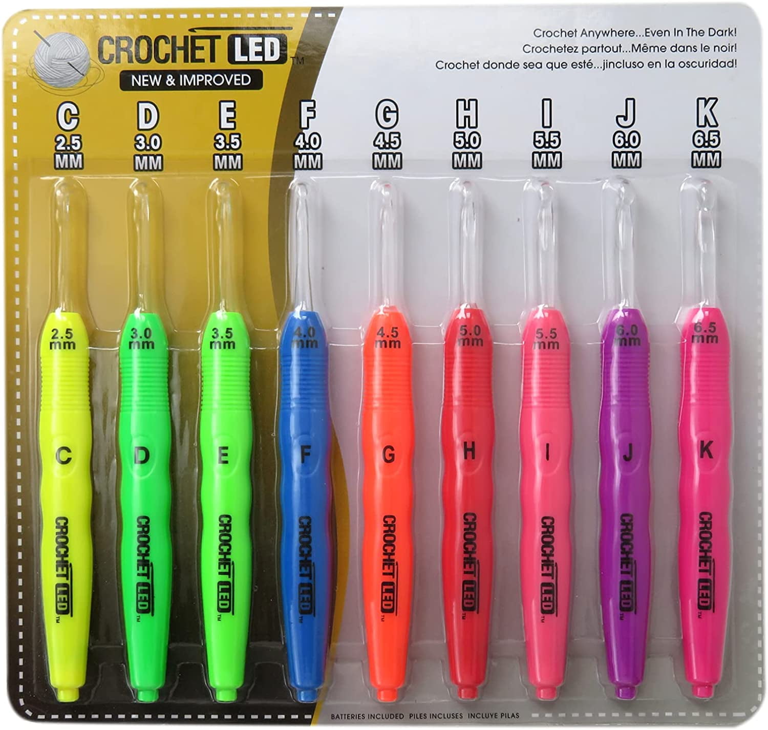 9 Pieces Lighted Ergonomic Crochet Hooks Colorful Plastic Handle ...