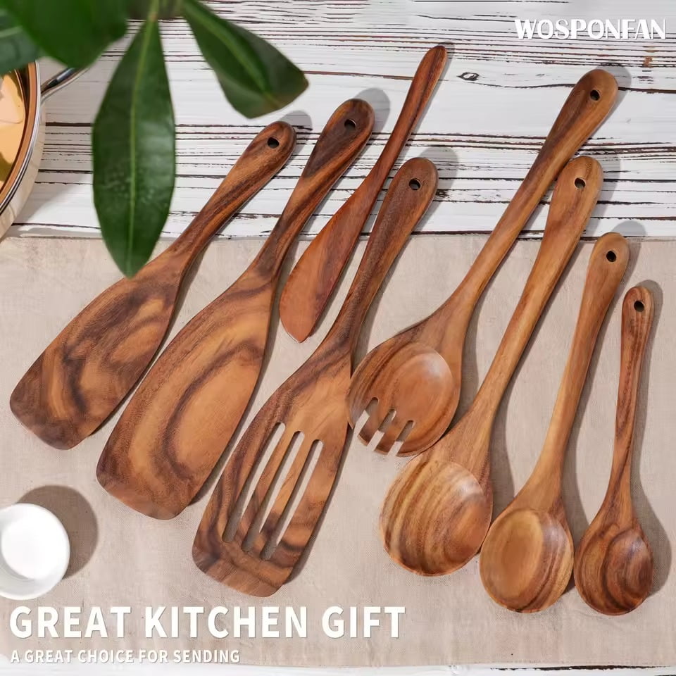 9 Pieces Natural Teak Wooden Kitchen Utensil Set with Spoon Rest ...
