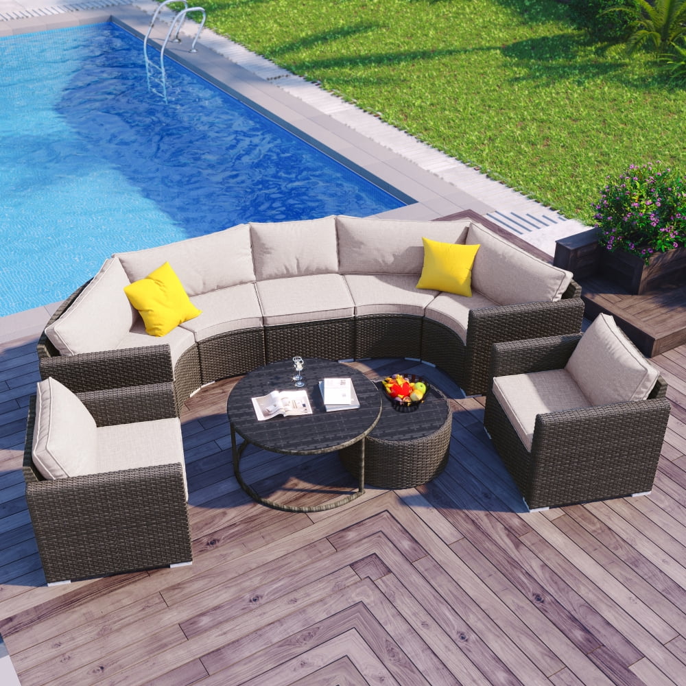 9-Piece Gray Wicker Half-Moon Patio couch Set with 2 Tables & Cushions ...
