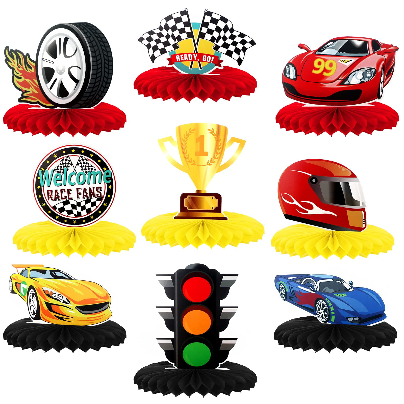 9 Pieces Race Car Party Decorations Race Car Honeycomb Centerpieces ...