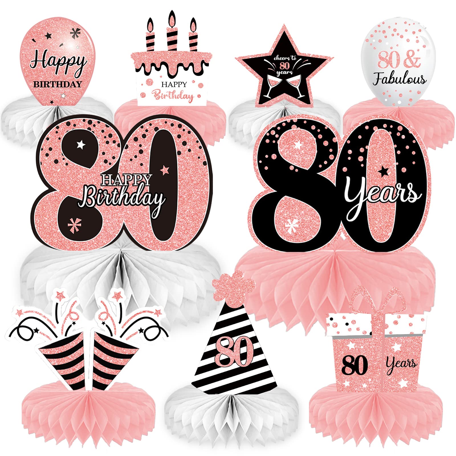9 Pieces Rose Gold 80th Birthday decorations for Women Pink 80th ...