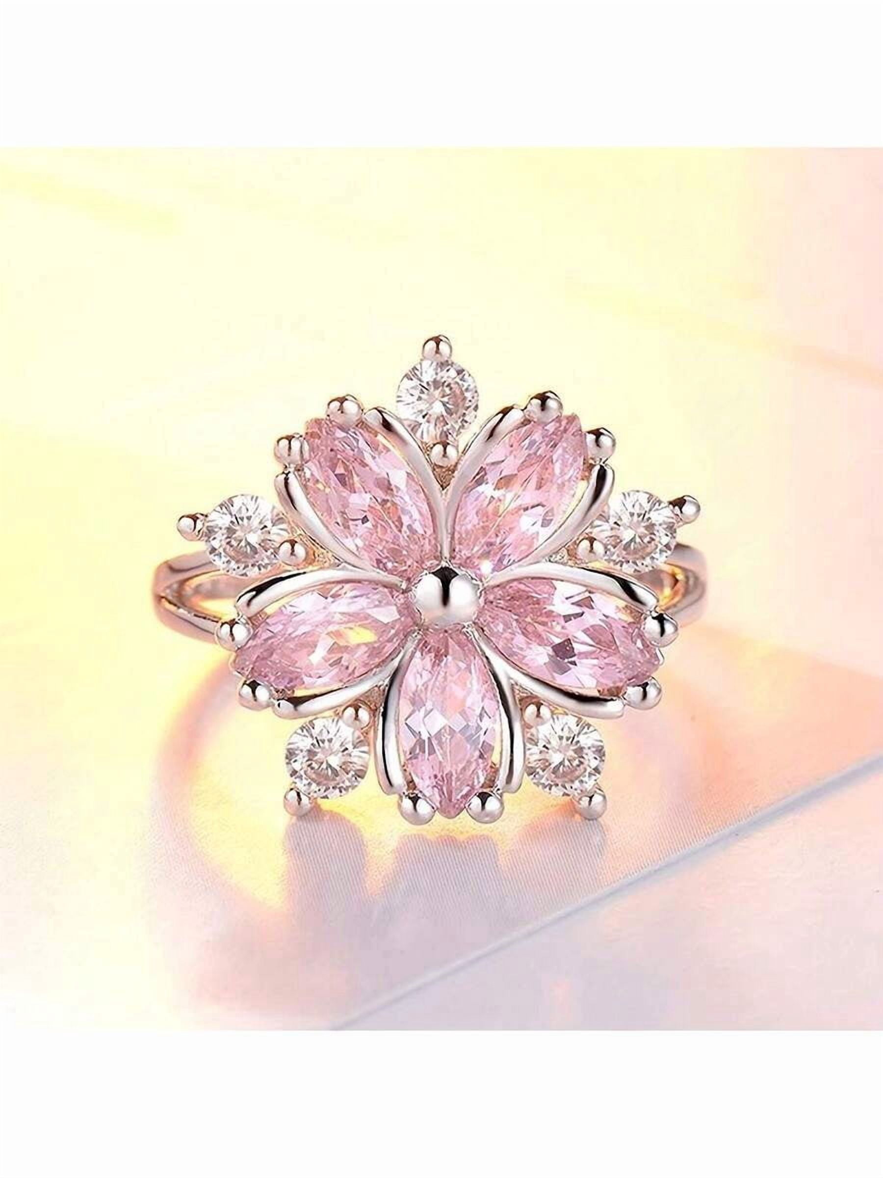 9 Pink Sakura Cubic Zirconia Stainless Steel Ring For Women Birthday ...
