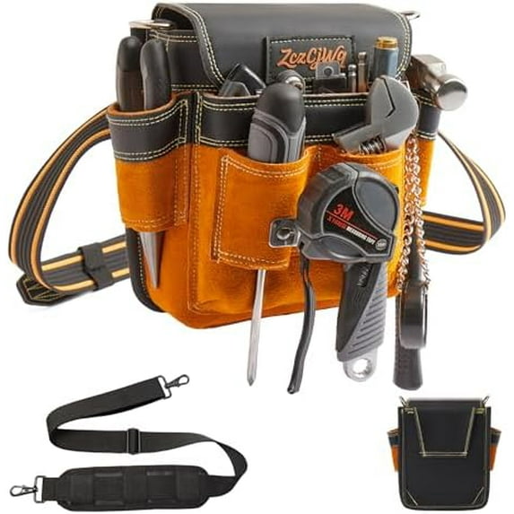 9-Pocket Leather Tool Belt Pouches, Heavy-Duty Tool Belt with ...