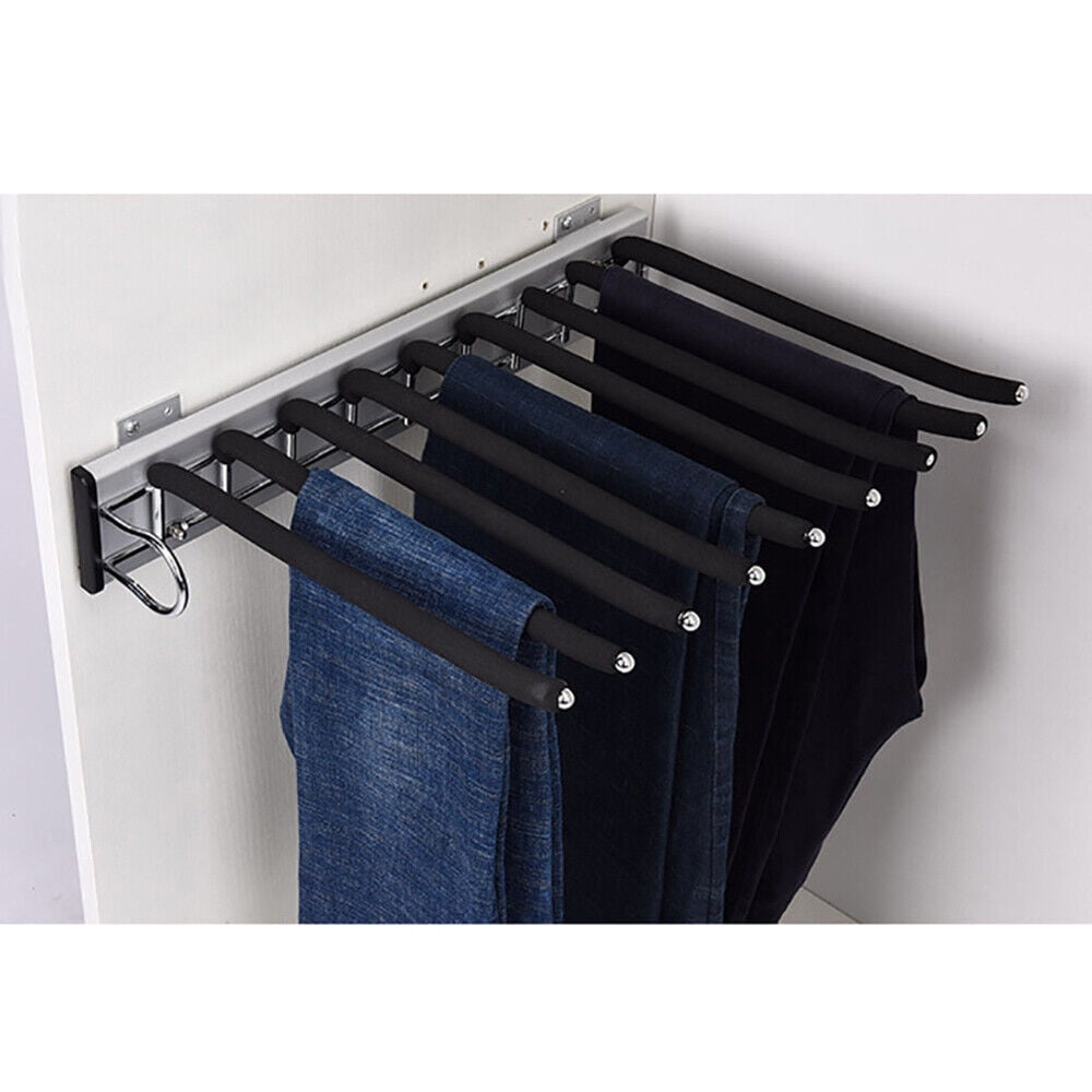 QLDFX 9 Rods Sliding Pants Hanger Rack, Left-Mounted, Black, Stainless ...