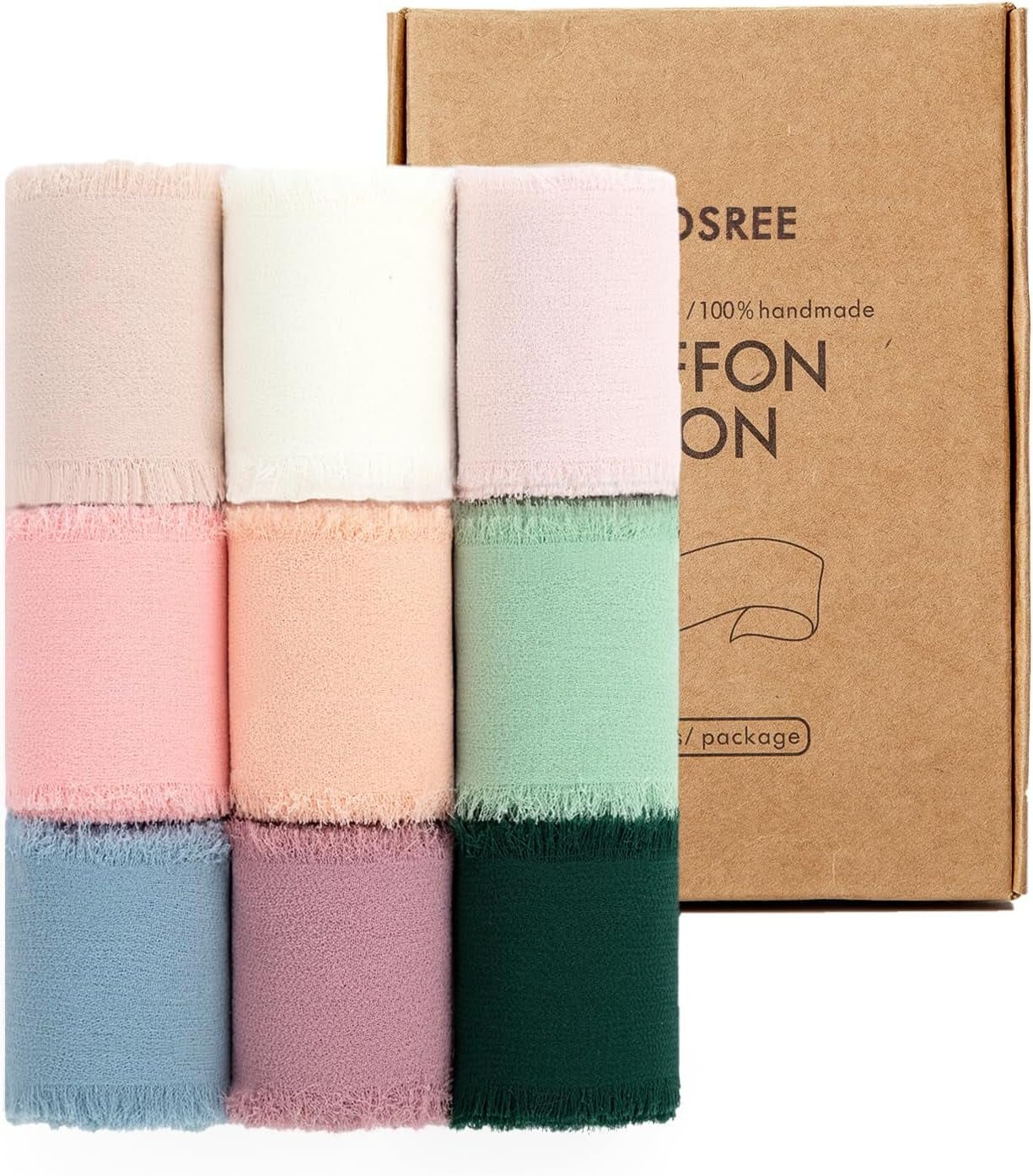 9 Rolls Multicolour Handmade Chiffon Ribbon,1.5" x 21Yd Frayed Fringe ...