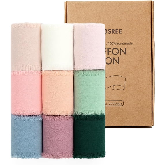 9 Rolls Multicolour Handmade Chiffon Ribbon,1.5" x 21Yd Frayed Fringe ...