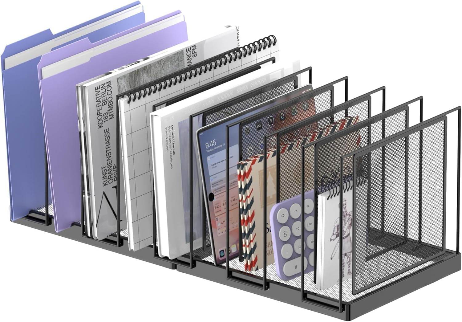 9-Section Metal Desk File Organizer, Vertical Mesh File Holder, Desktop ...