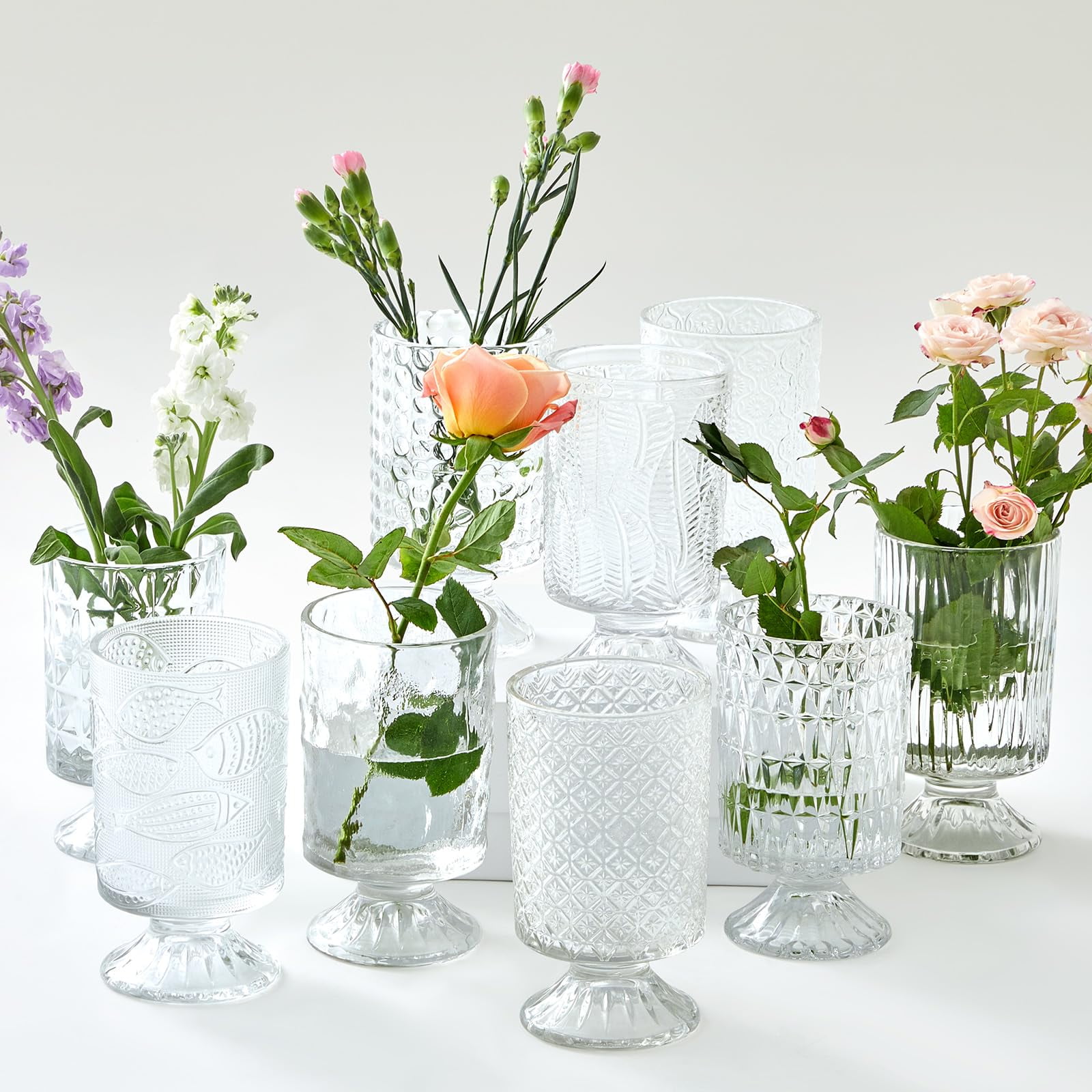 9 Set (H:7 Inch W:4 Inch) Flower Crystal Glass Vases Embossed Pedestal ...