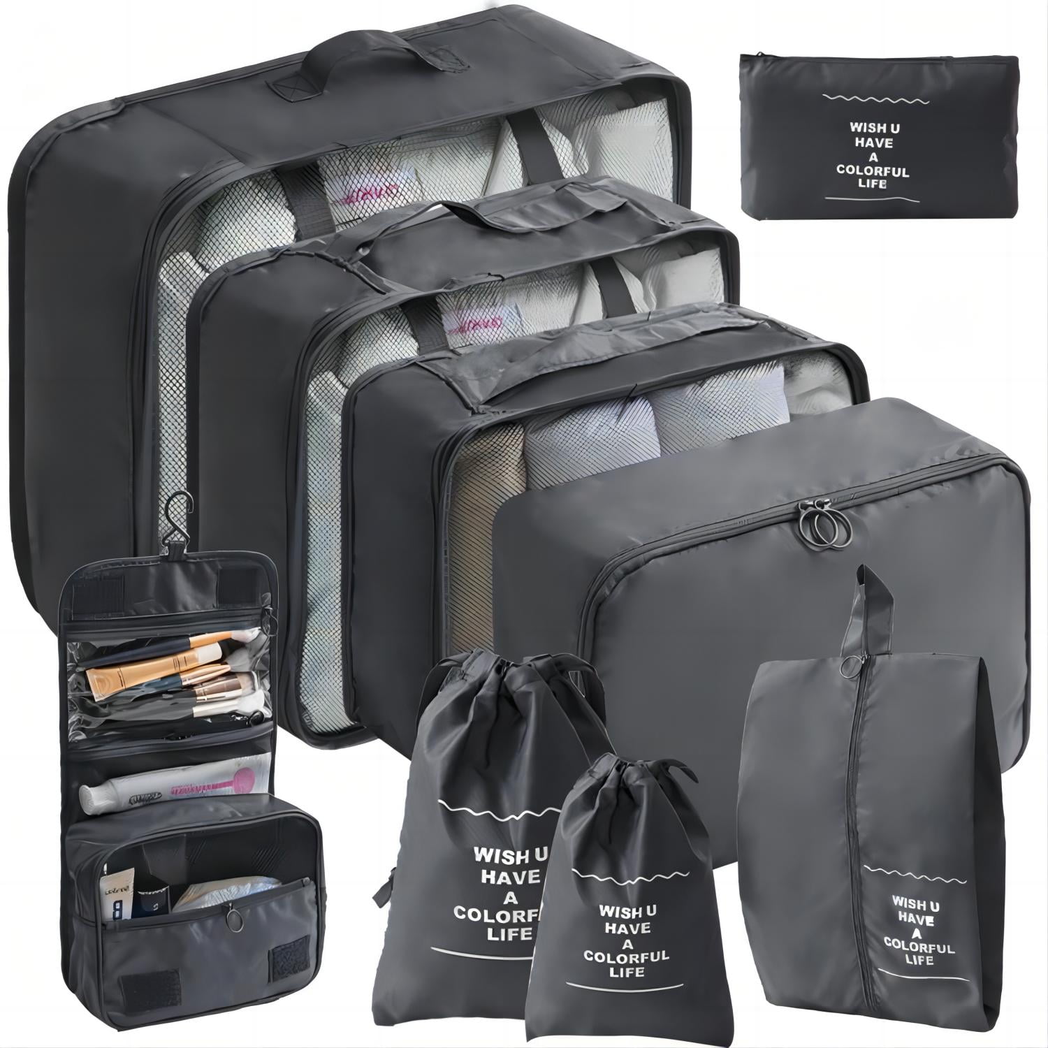 9-Piece Black Travel Set: Packing Cubes for Luggage, Includes ...