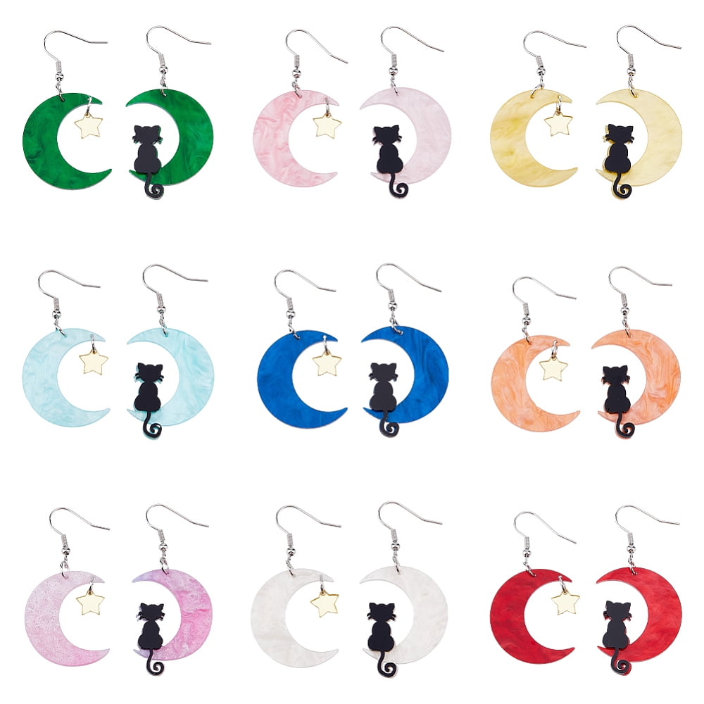 9 Sets 9 Colors Moon Star Cat Resin Asymmetrical Earrings Dangle Stud ...