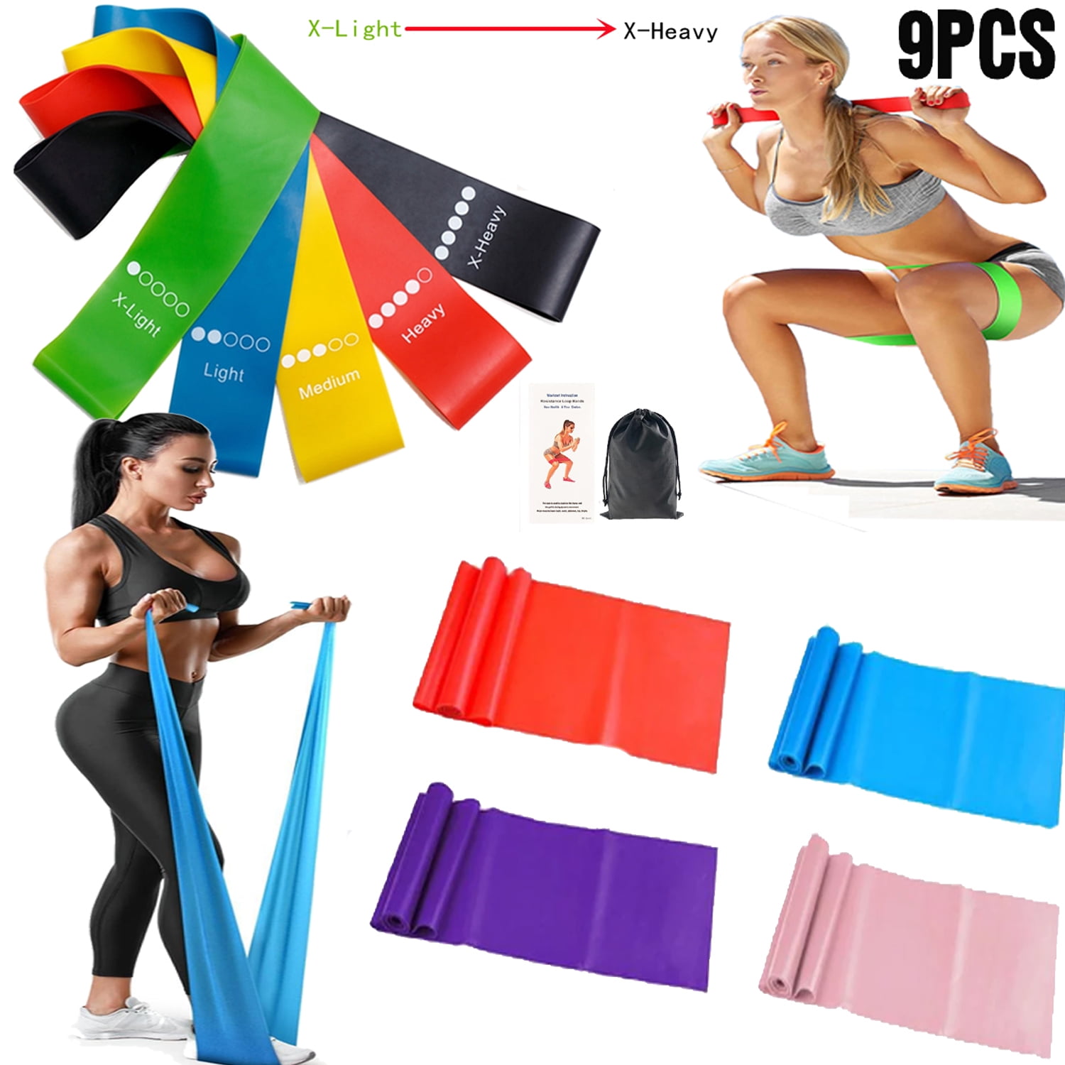 9 Sets Resistance Band Set for Exercise, Stretch, Pilates, Strength ...