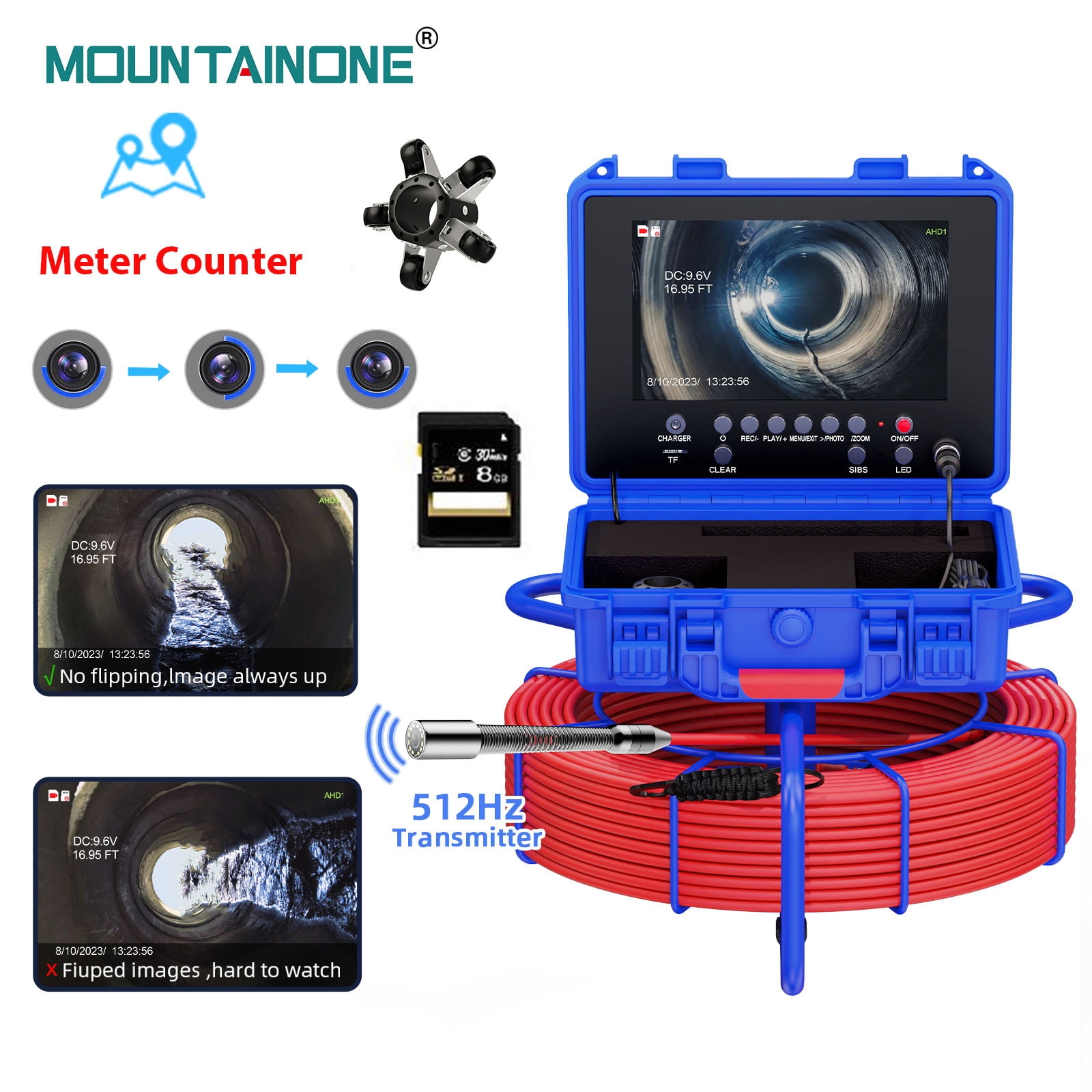 9“ Sewer Endoscope Camera with 512Hz Self-Leveling 7MM Drain Pipe ...