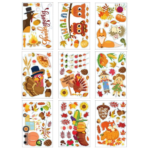 9 Sheet Fall Gnome Window Clings Autumn Turkey Pumpkin Glass Wall ...