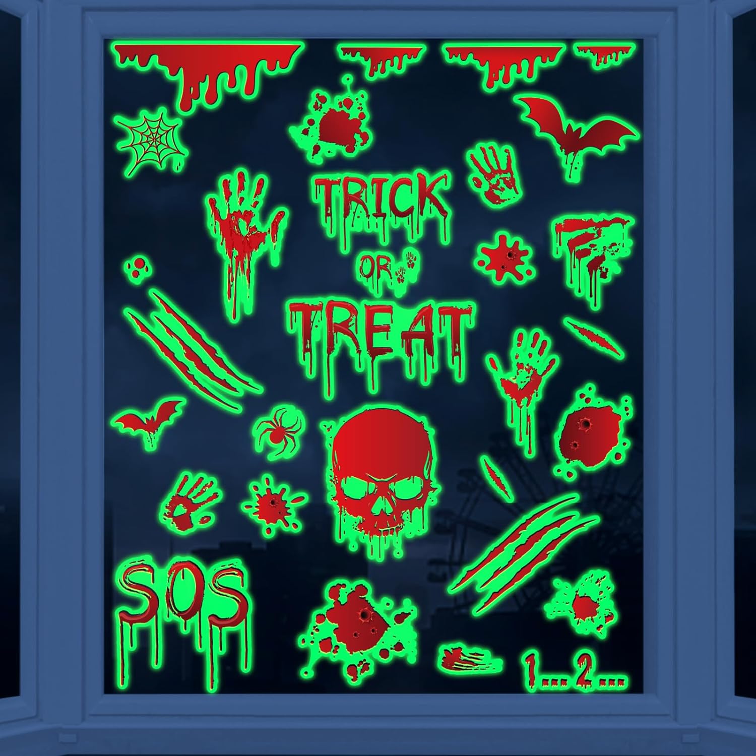 9 Sheet Halloween Glow in The Dark Bloody Window Stickers Trick or ...