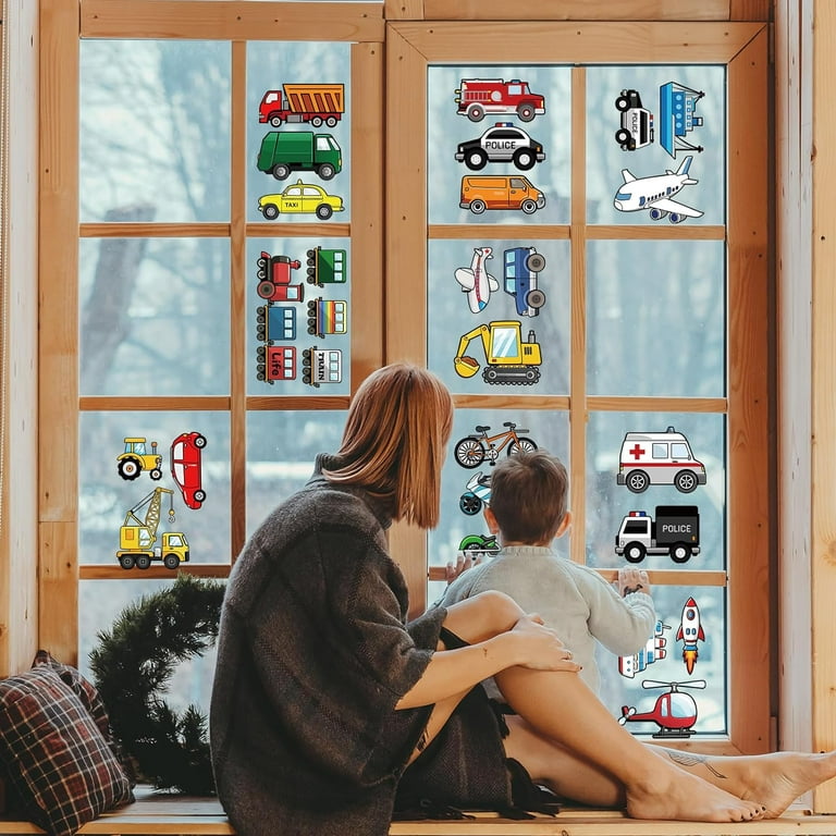 9 Sheets Cartoon Transportation Window Clings Cute Cars Excavator Aircraft Window Sticker Removable Cool Static Decals for Bedroom Window Decor Store