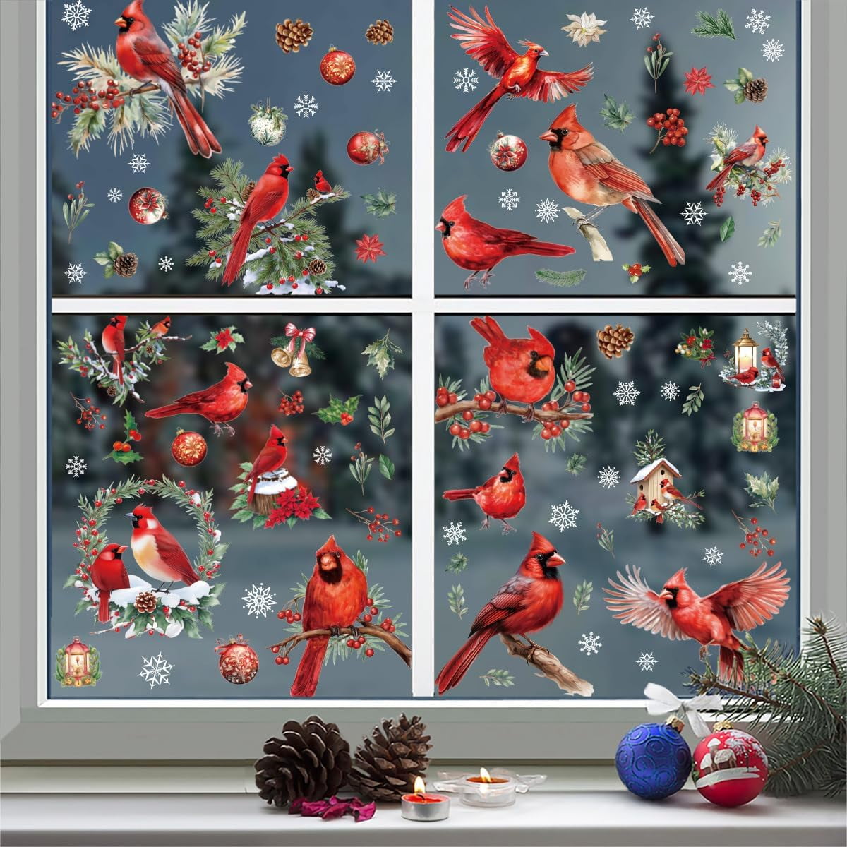 9 Sheets Christmas Cardinal Window Clings, Winter Red Cardinal Bird ...